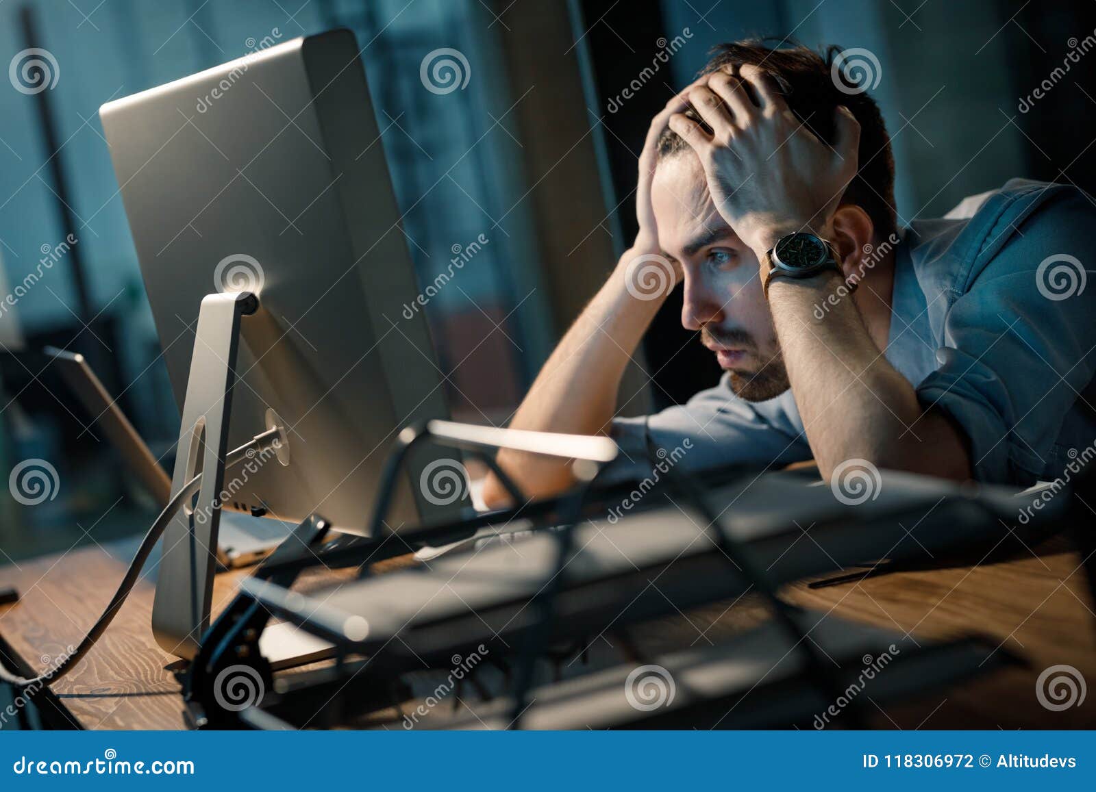 Exhausted Man Watching Computer in Evening Stock Photo - Image of ...