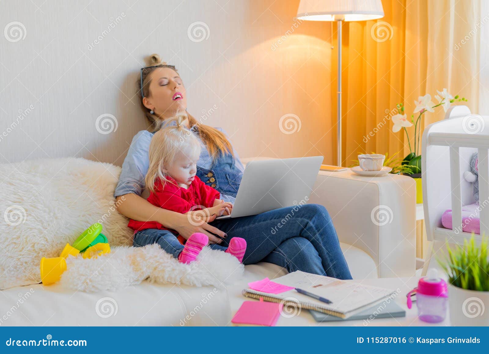 Exhausted Mother Fallen Asleep in Front of Computer Stock Photo - Image ...
