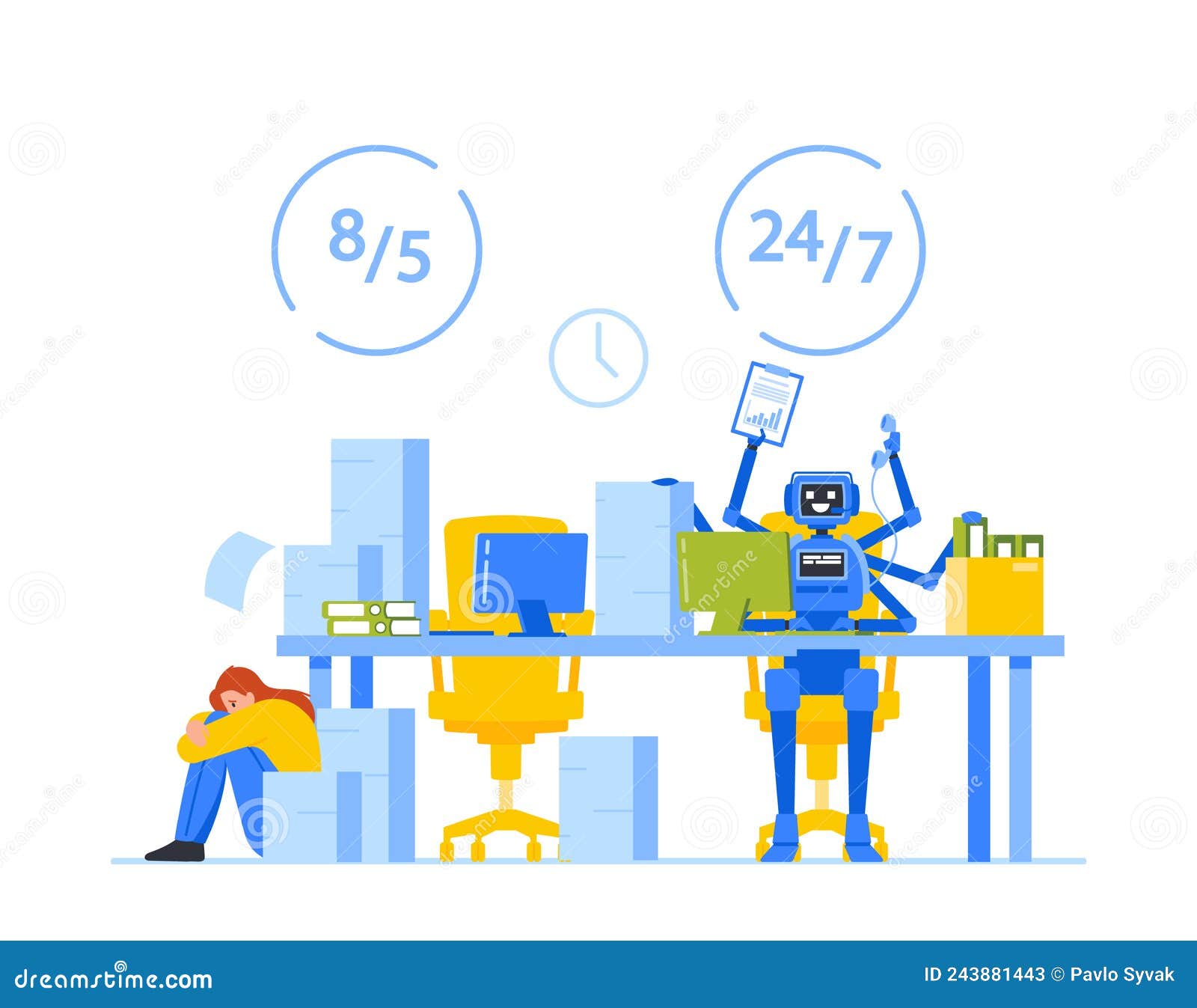Exhausted Office Worker Against Artificial Intelligence Robot Working ...