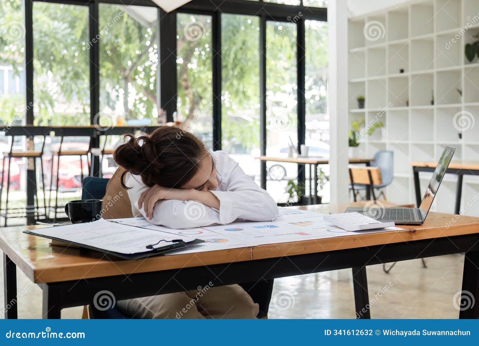 Exhausted Office Worker Sleeping at Desk with Laptop and Documents in ...