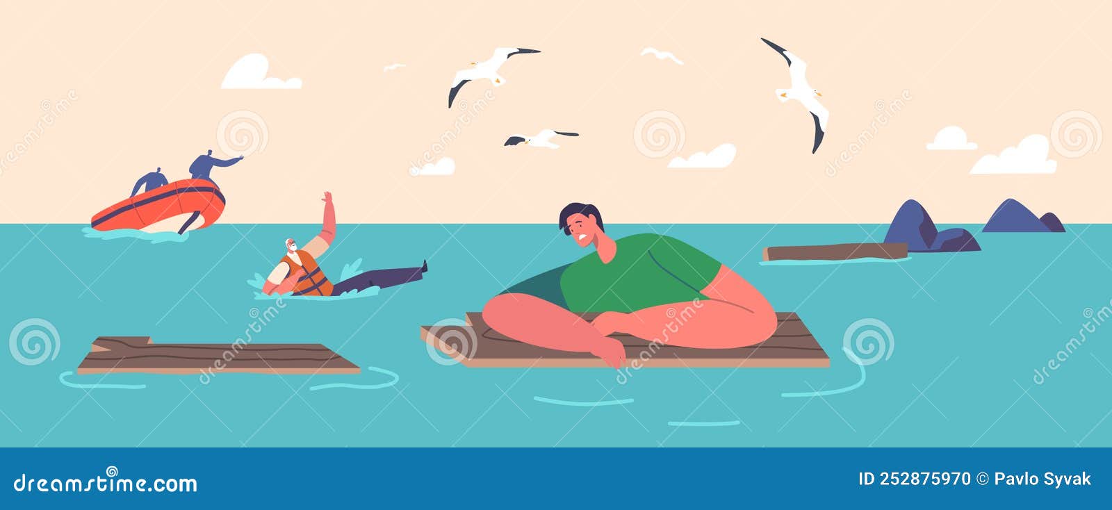 Exhausted People Swimming In Sea After Shipwreck Man Trying To Survive