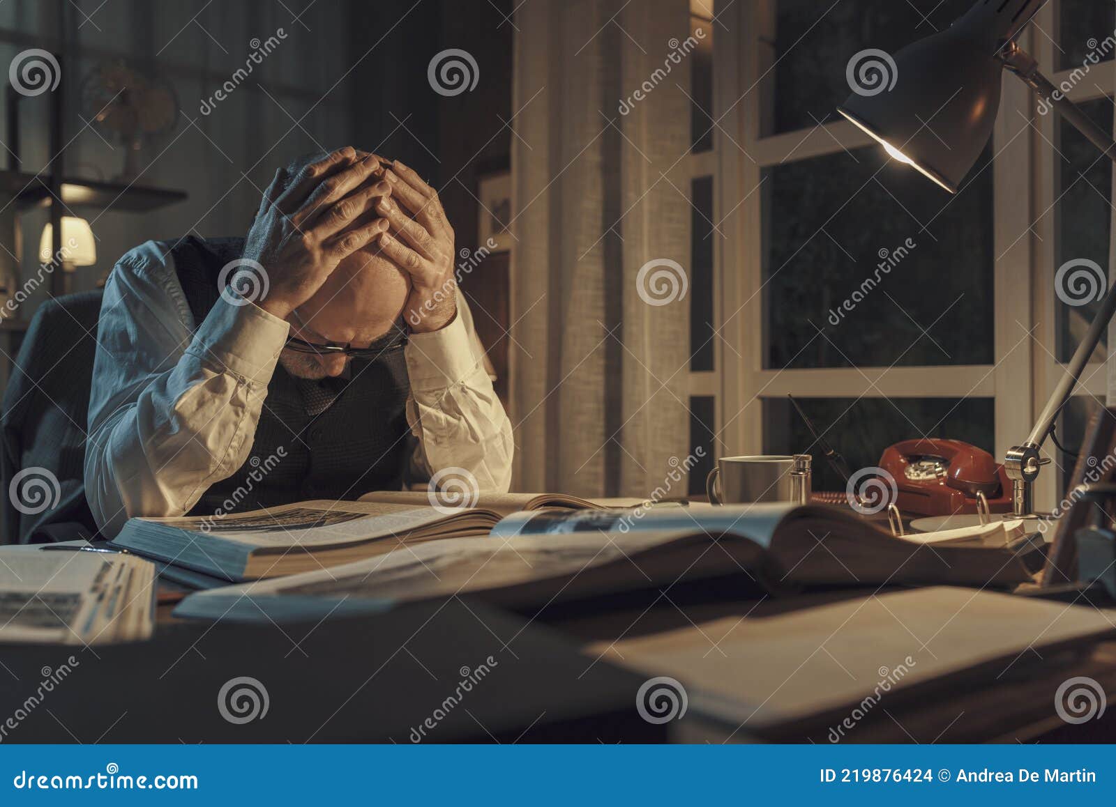 Exhausted Professor Sitting at Desk and Studying Stock Photo - Image of ...