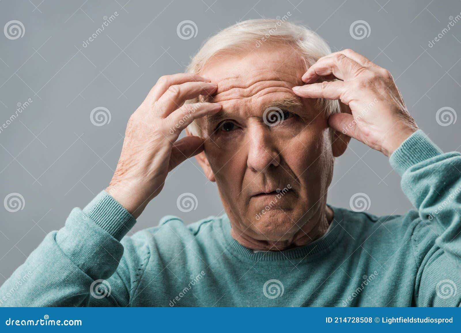 Exhausted Retired Man Looking at Camera and Touching Head Isolated on ...