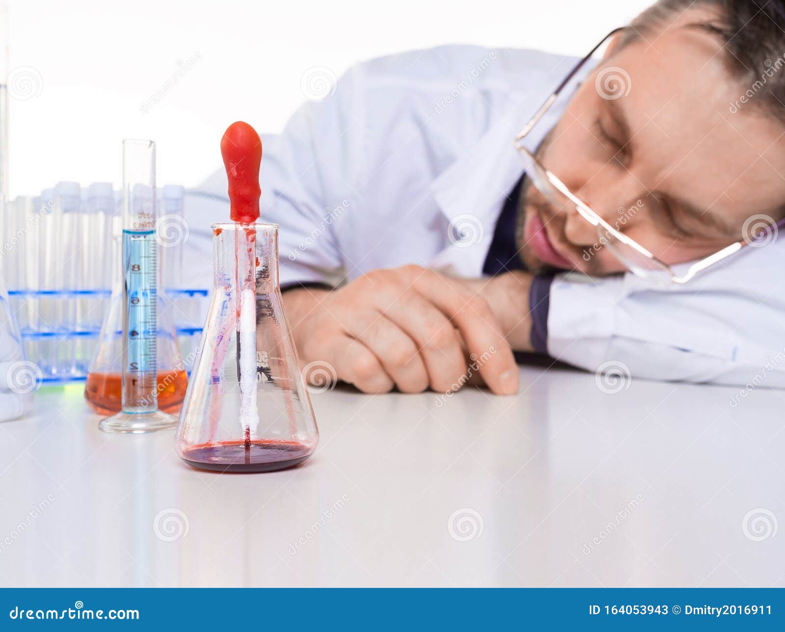 Exhausted Scientist Sleeping in Laboratory. Science and Experiment in ...
