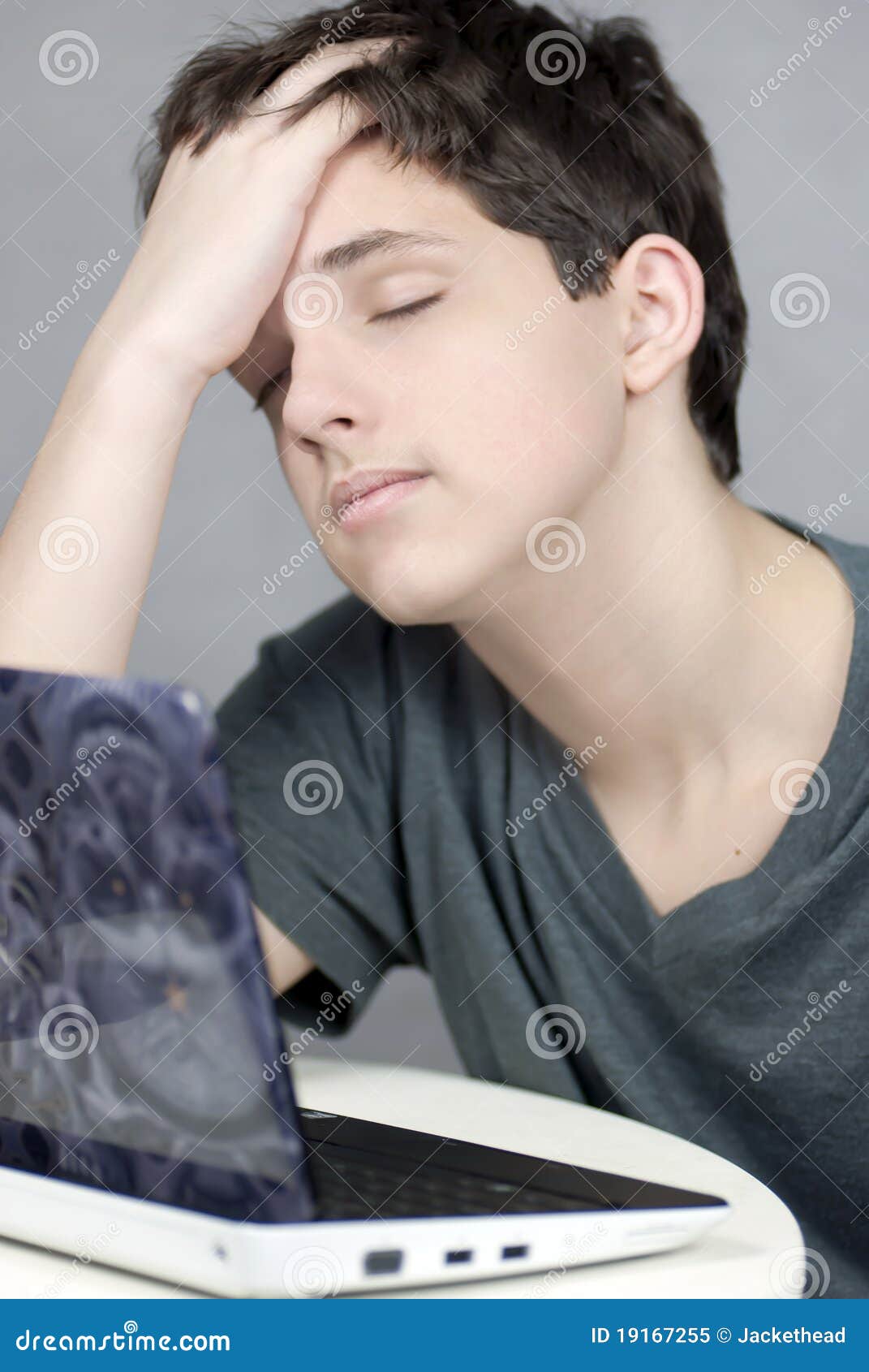 Exhausted Teen Works on Computer Stock Image - Image of education ...
