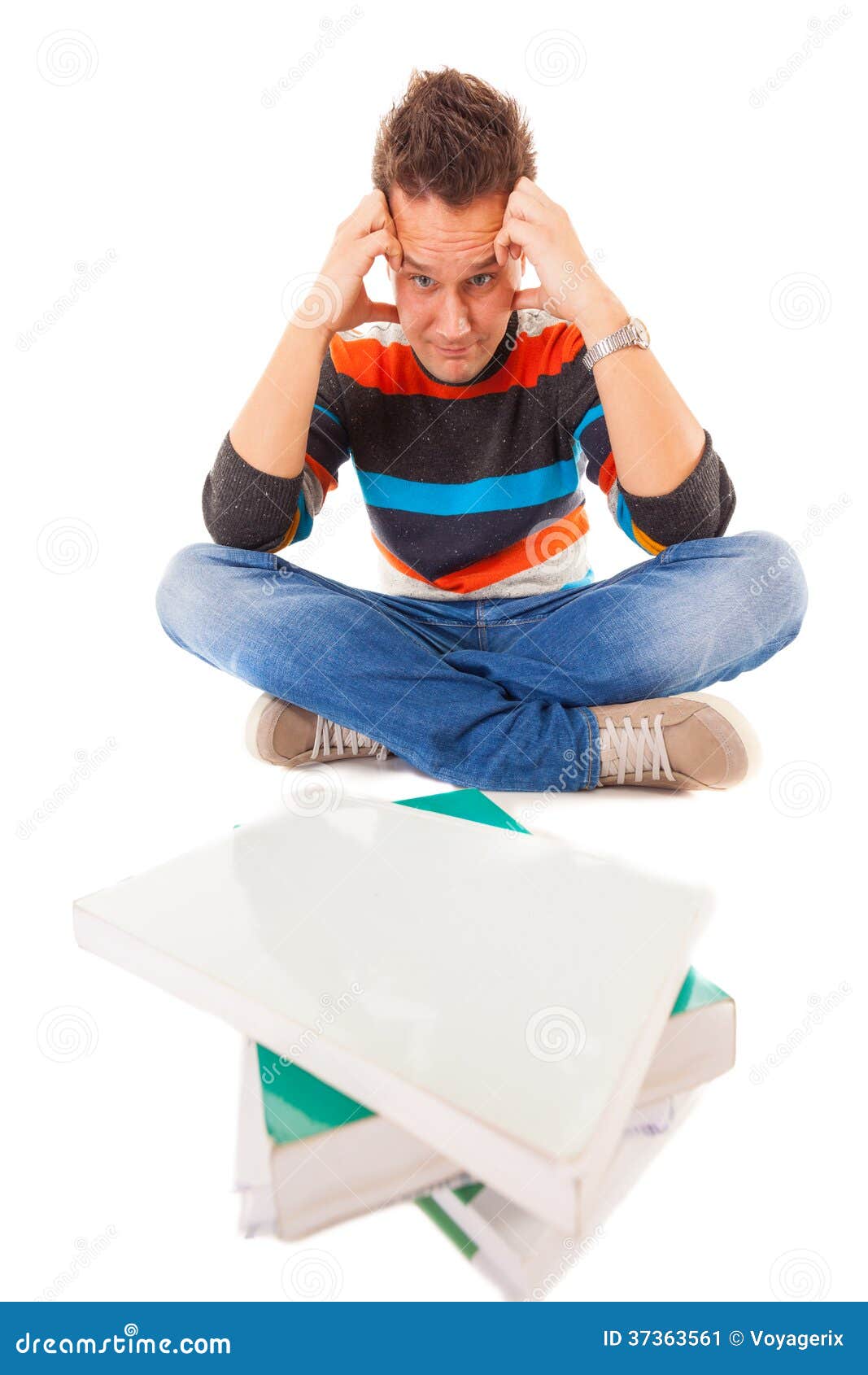 Exhausted Tired College Student with Pile of Books Studying for Exam ...