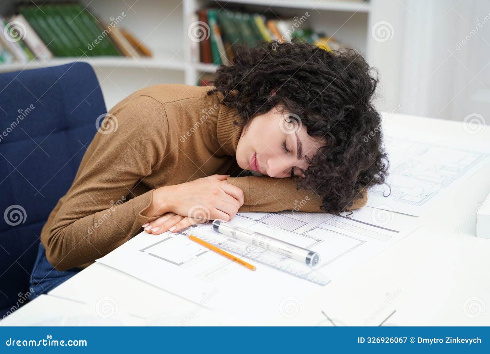 Exhausted Woman Architect Working with Blueprints in Library and ...