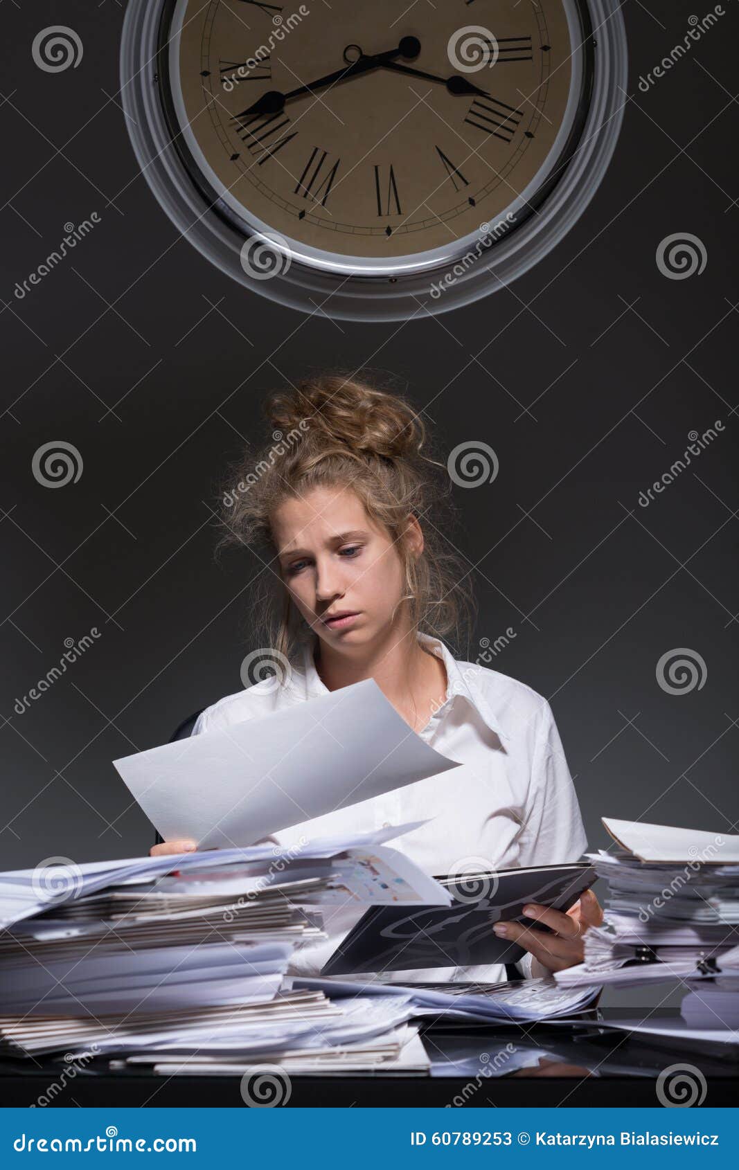 Exhausted Worker Doing Paperwork Stock Image - Image of female ...
