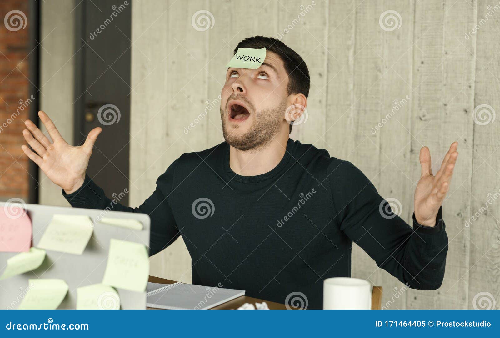 Exhausted Worker Having Sticky Notes Everywhere Sitting at Workplace ...