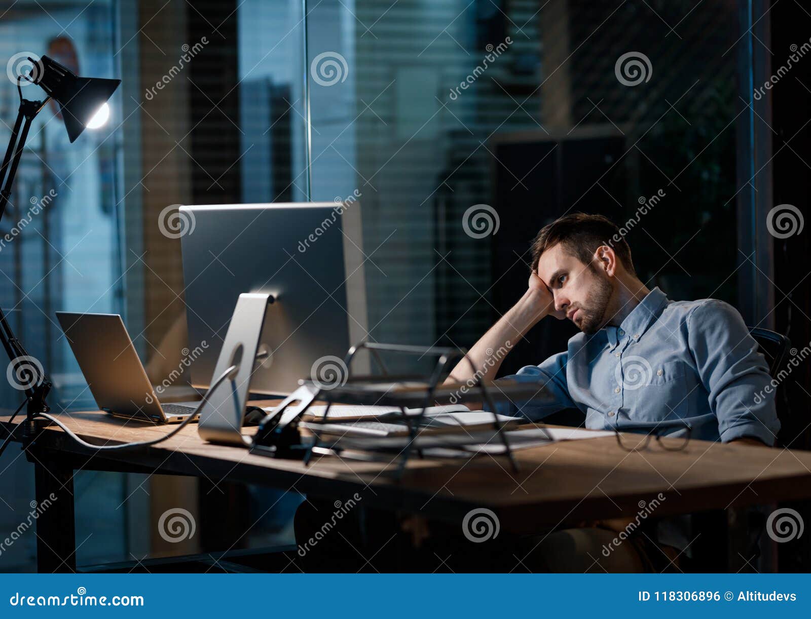 Exhausted Worker Watching Computer Stock Photo - Image of document ...