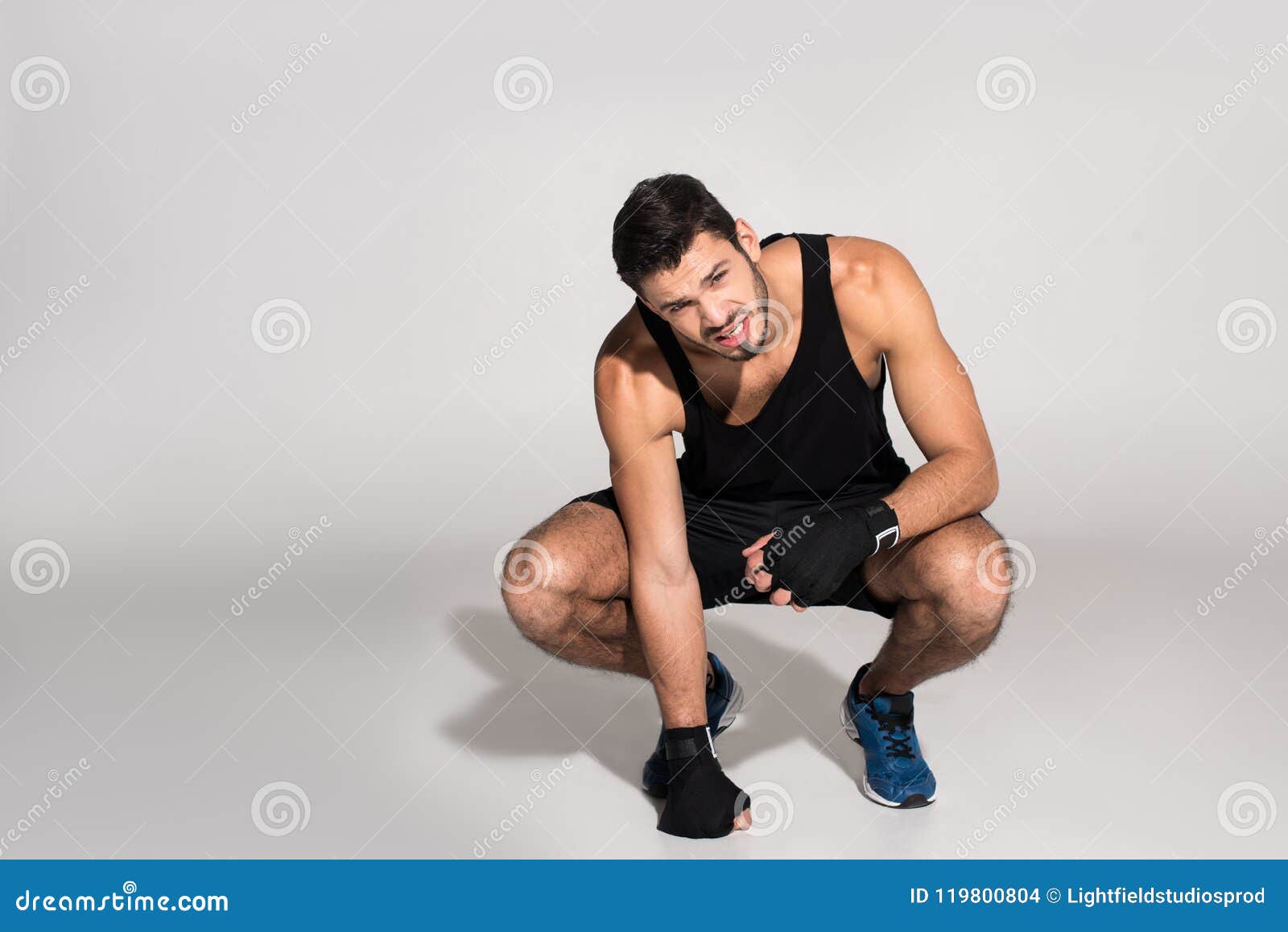 Exhausted Fighter Sweating In Fitness Center. Kickboxer Making Push Ups ...
