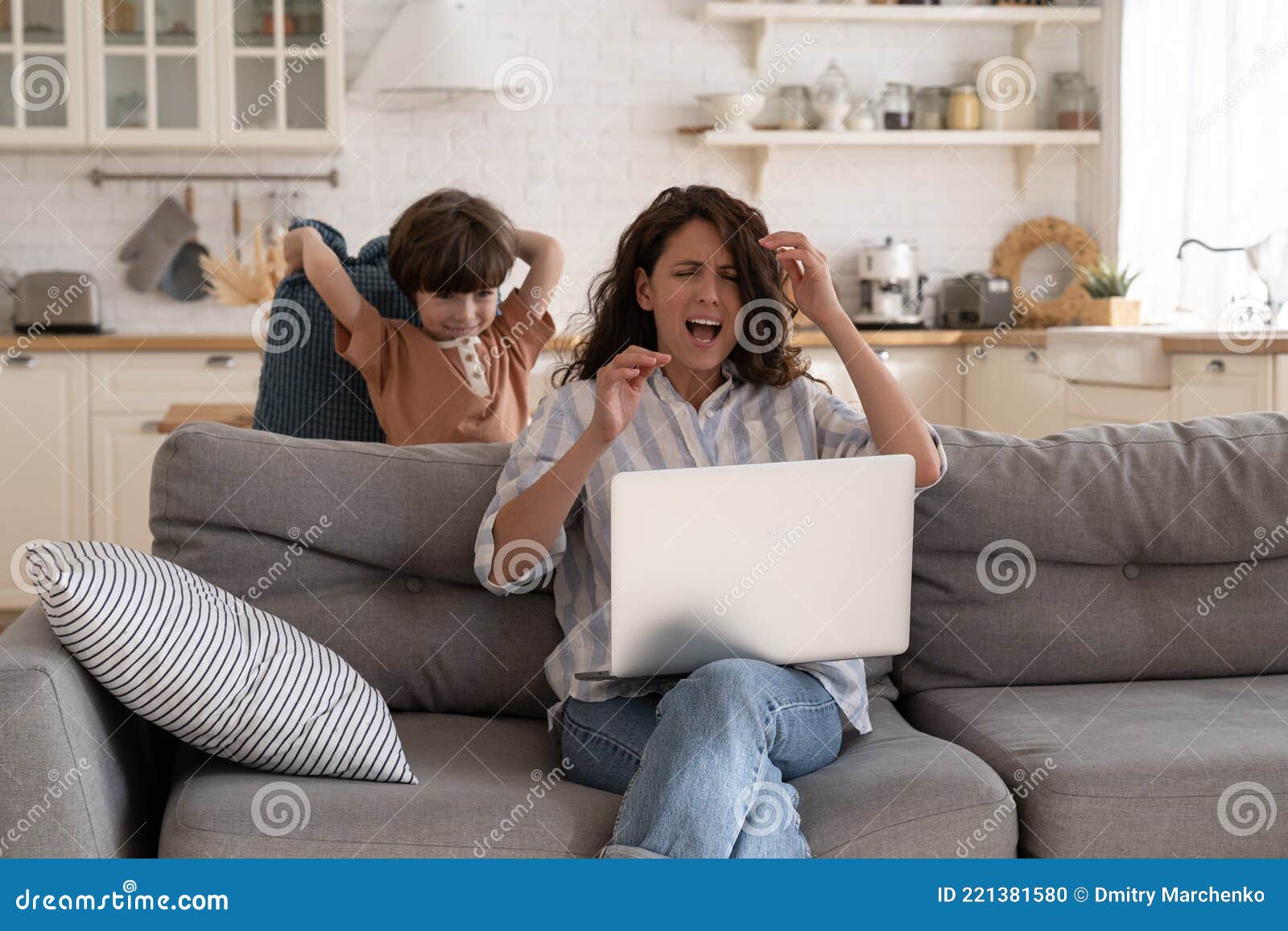 Tired Young Mother Sit on Sofa with Laptop Work from Home or Study ...