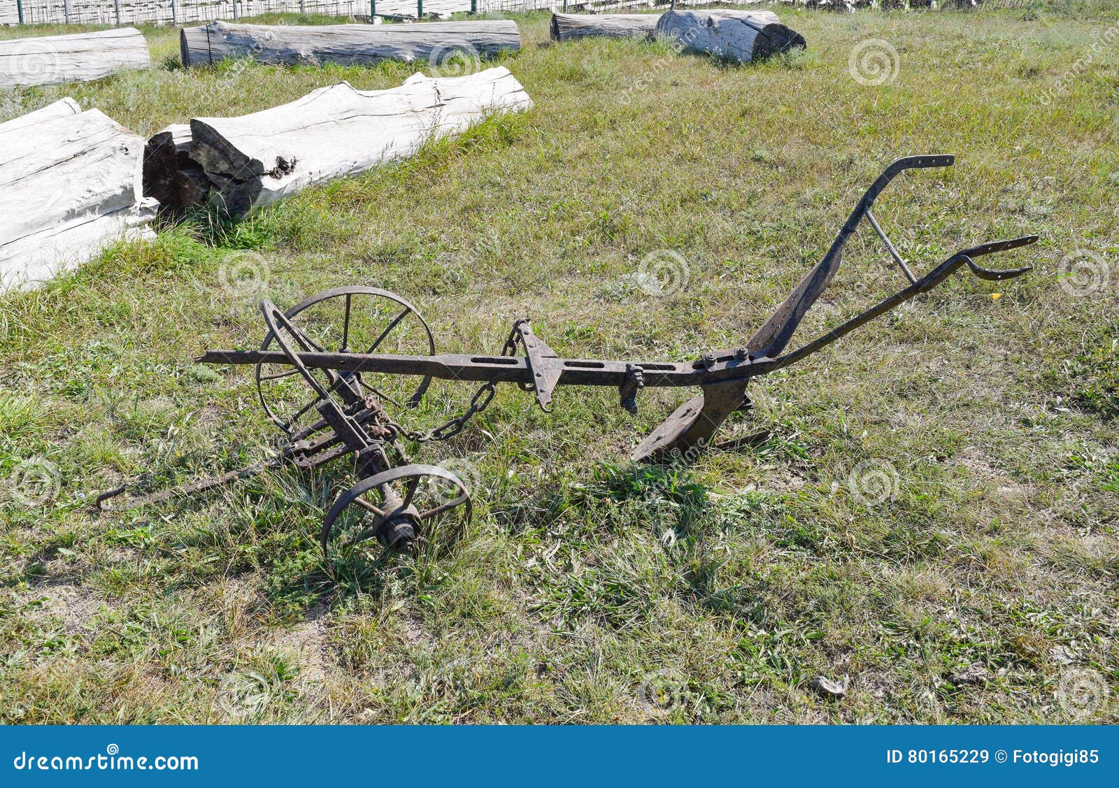 The Exhibit Of The Old Plow On The Grass. An Ancient Technique For ...