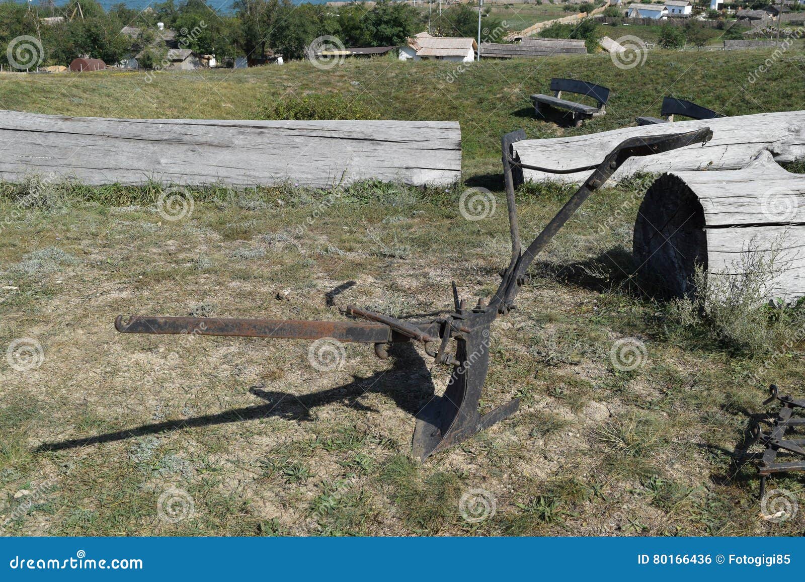 The Exhibit Of The Old Plow On The Grass. An Ancient Technique For ...