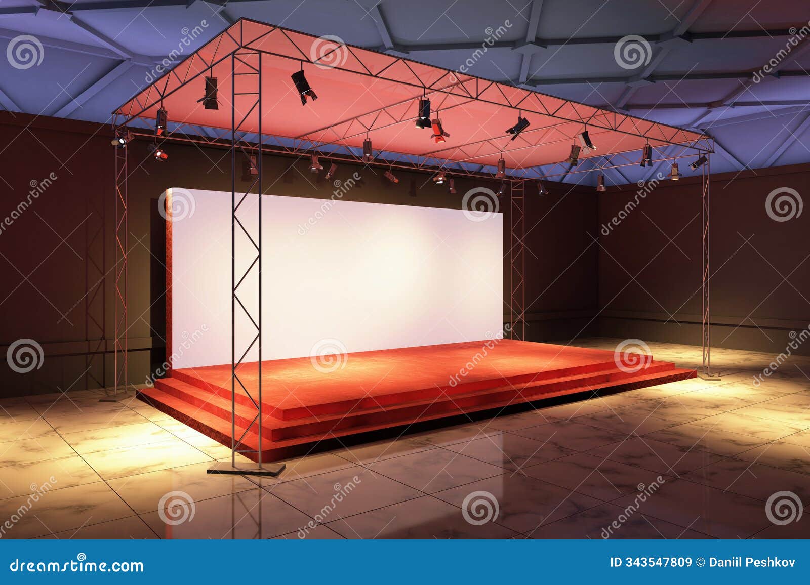 Exhibition Stage with Lighting and Backdrop. 3D Rendering Stock ...