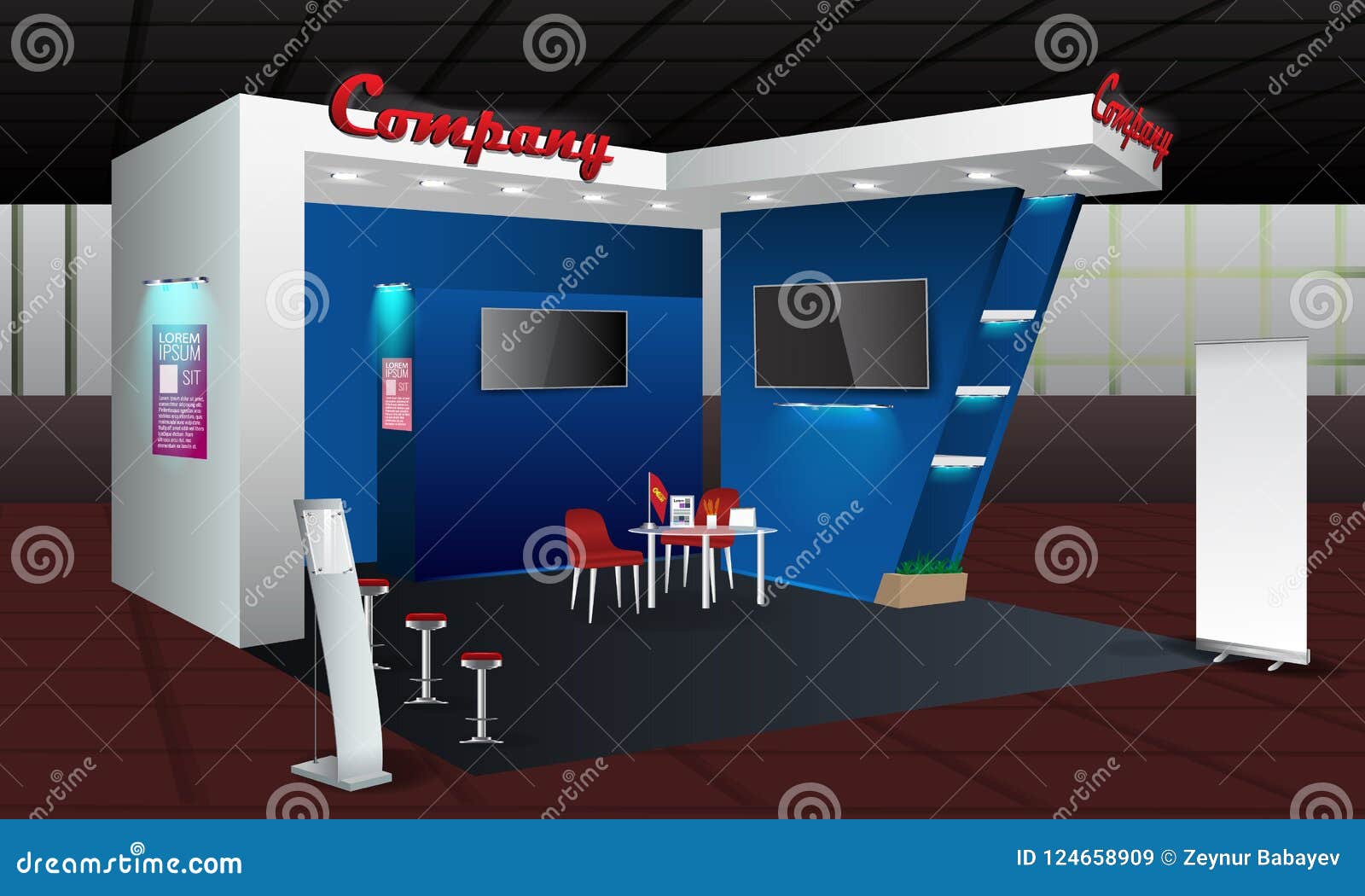 Exhibition Stand Display Design with Info Board, Roll Up. Vector Trade ...