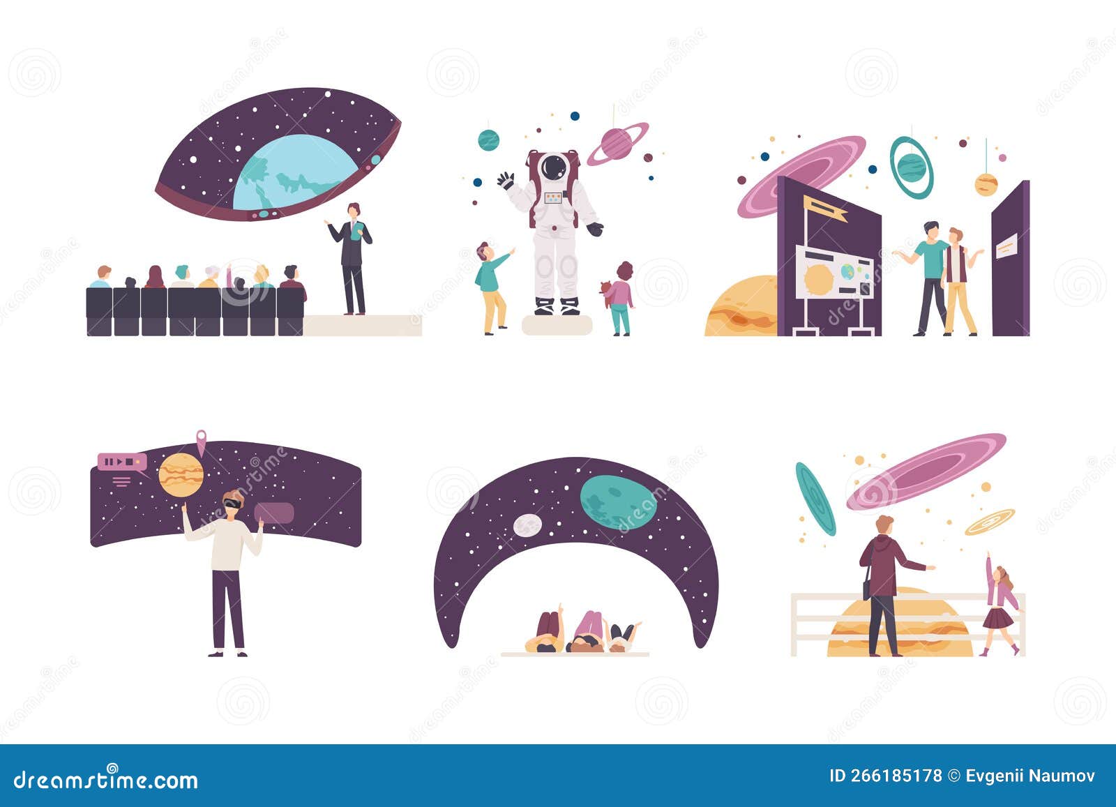 Exhibition Visitors Having Excursion At Planetarium. People Looking At ...