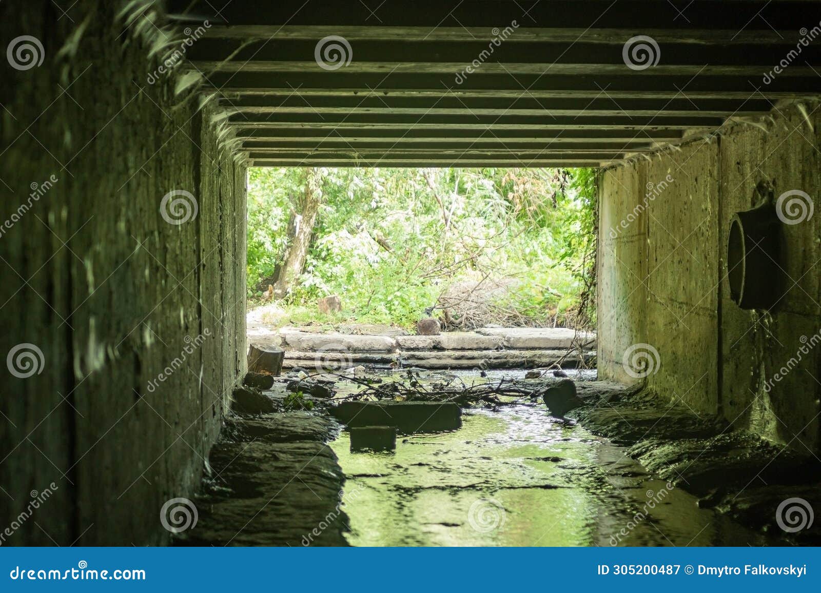 Exit from the Drainage Sewage Rectangular Tunnel. Empty Concrete ...