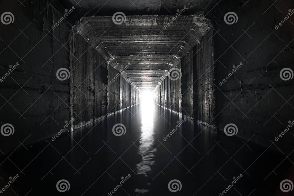 Exit from the Drainage Sewage Rectangular Tunnel. Empty Concrete ...