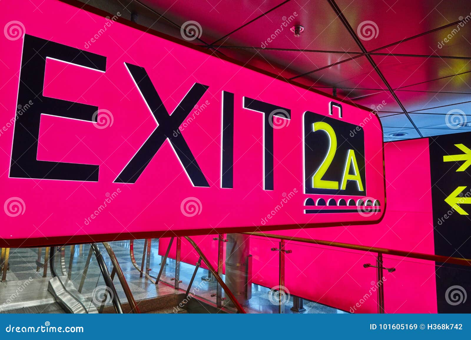 Exit Information Signal Post at Airport Terminal. Travel Background ...