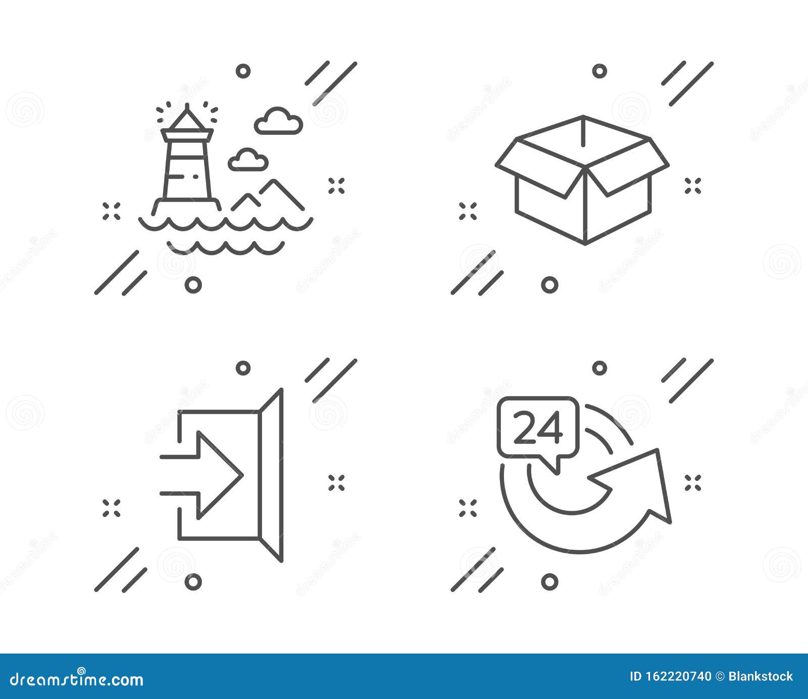 Exit, Lighthouse and Opened Box Icons Set. 24 Hours Sign. Escape ...