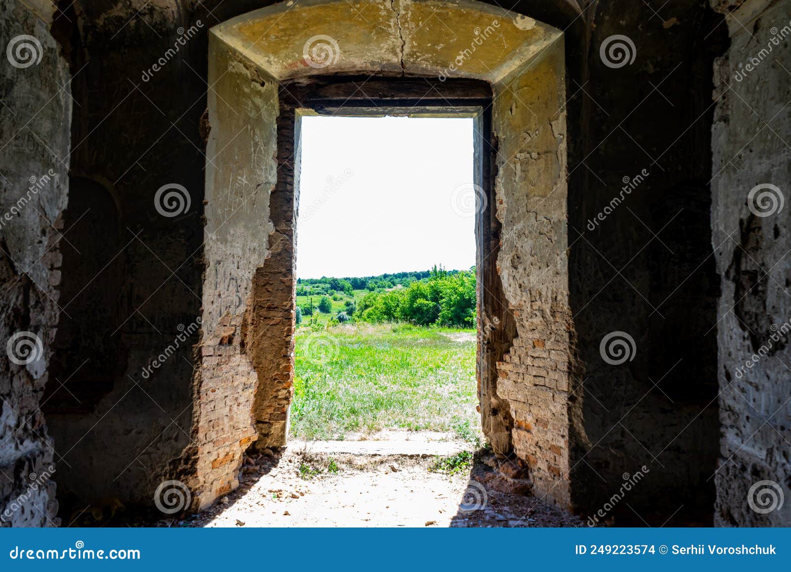 Exit from the Old Ruined Building with Thick Walls. View from the Exit ...