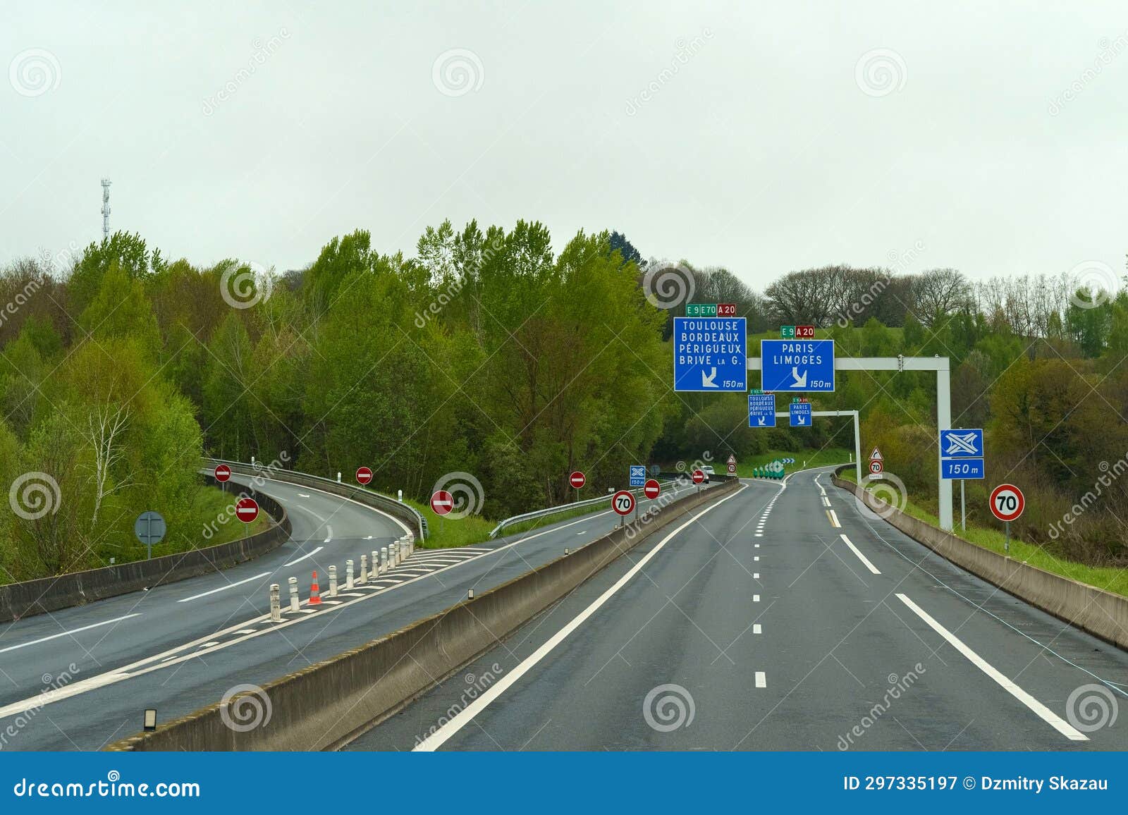 Exit from the Road, Interchange on the Motorway in the Forest in France ...