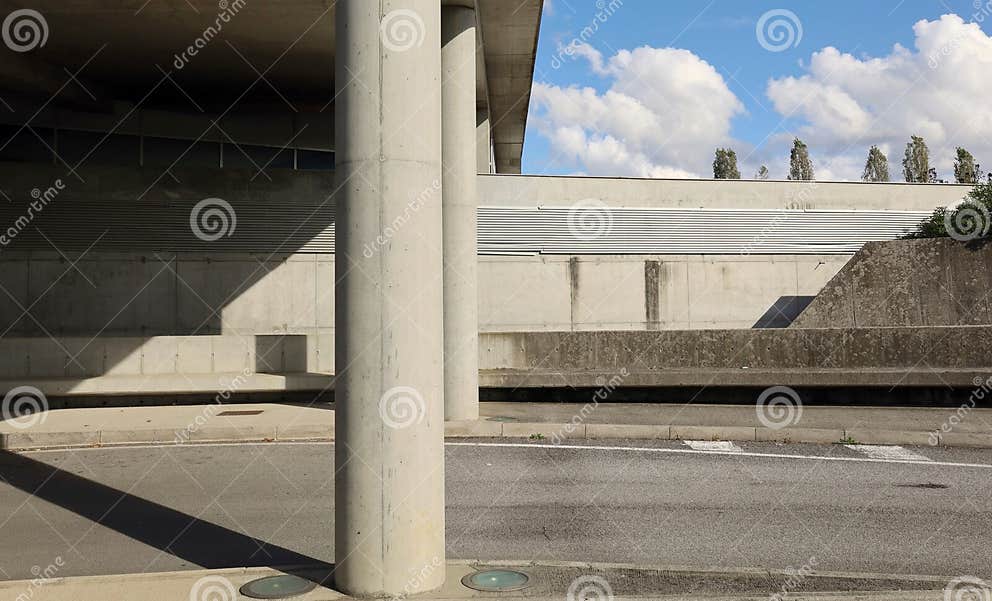 Exit of a Road Underpass with Large Columns on Forground, Concrete ...