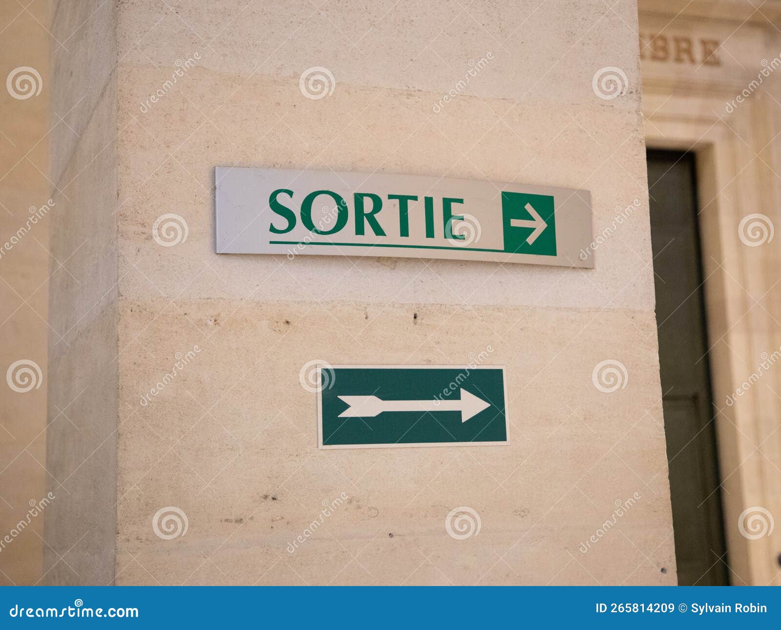 Exit Sign with Arrow Indicating in French Text Sortie Means Exit Stock ...