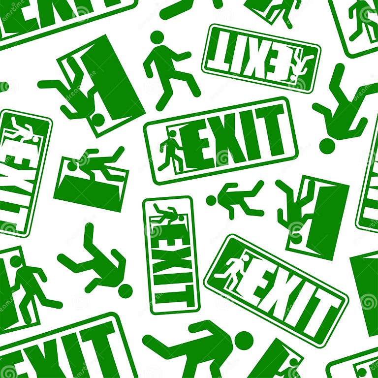 Exit Sign Evacuation Pattern Seamless. Man Exiting Door Symbol Background Stock Illustration ...