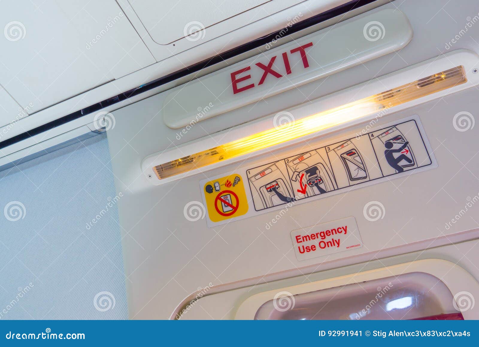 Exit Sign and Symbols in an Aircraft Cabin Stock Image - Image of light ...