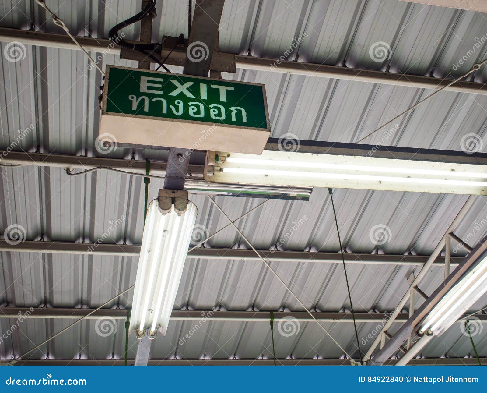 Exit Sign with Thai Word Means Exit Under Old Factory Roof Stock Photo ...