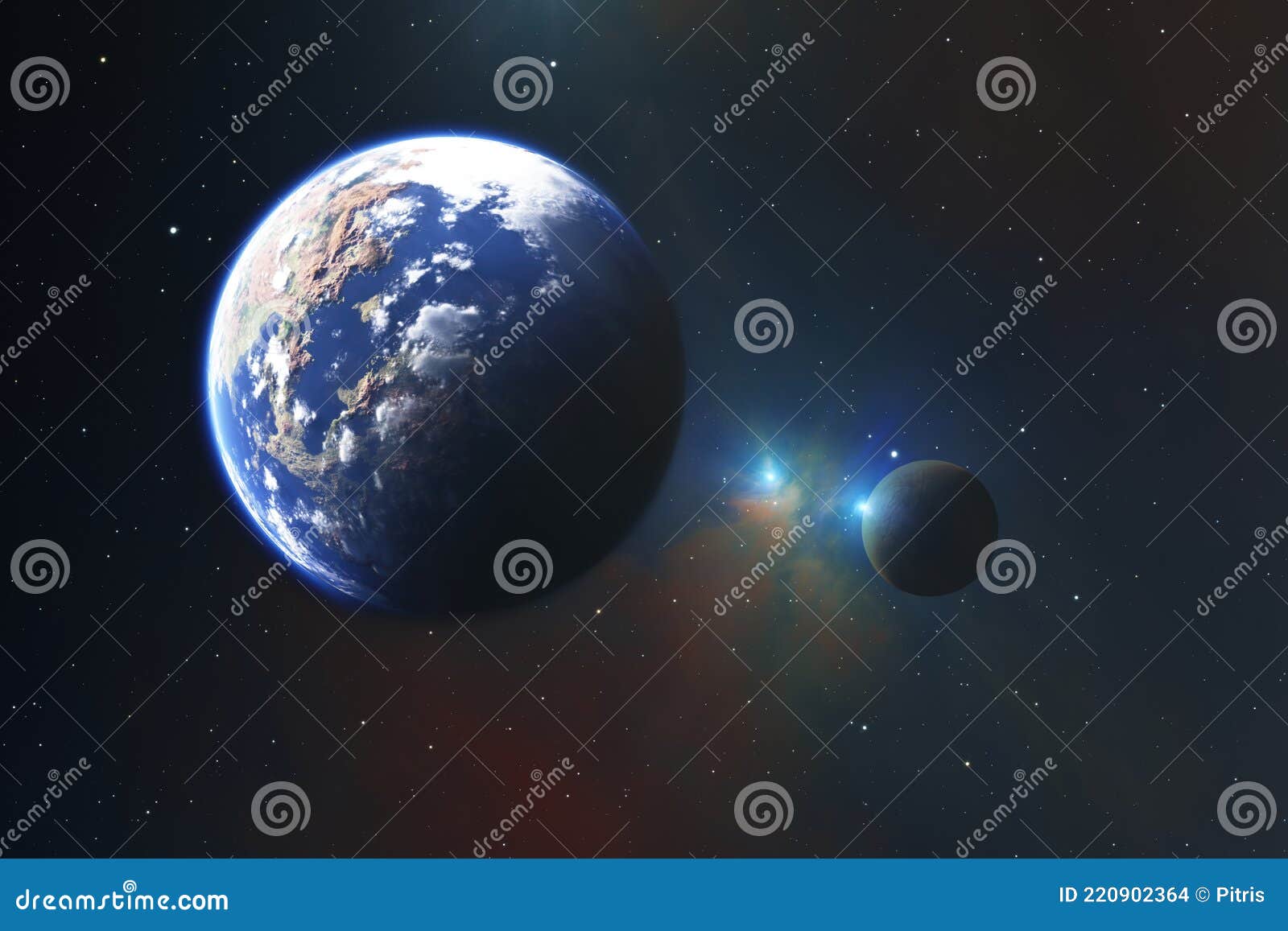 Exoplanet and Extrasolar Moon with Atmosphere Stock Illustration ...