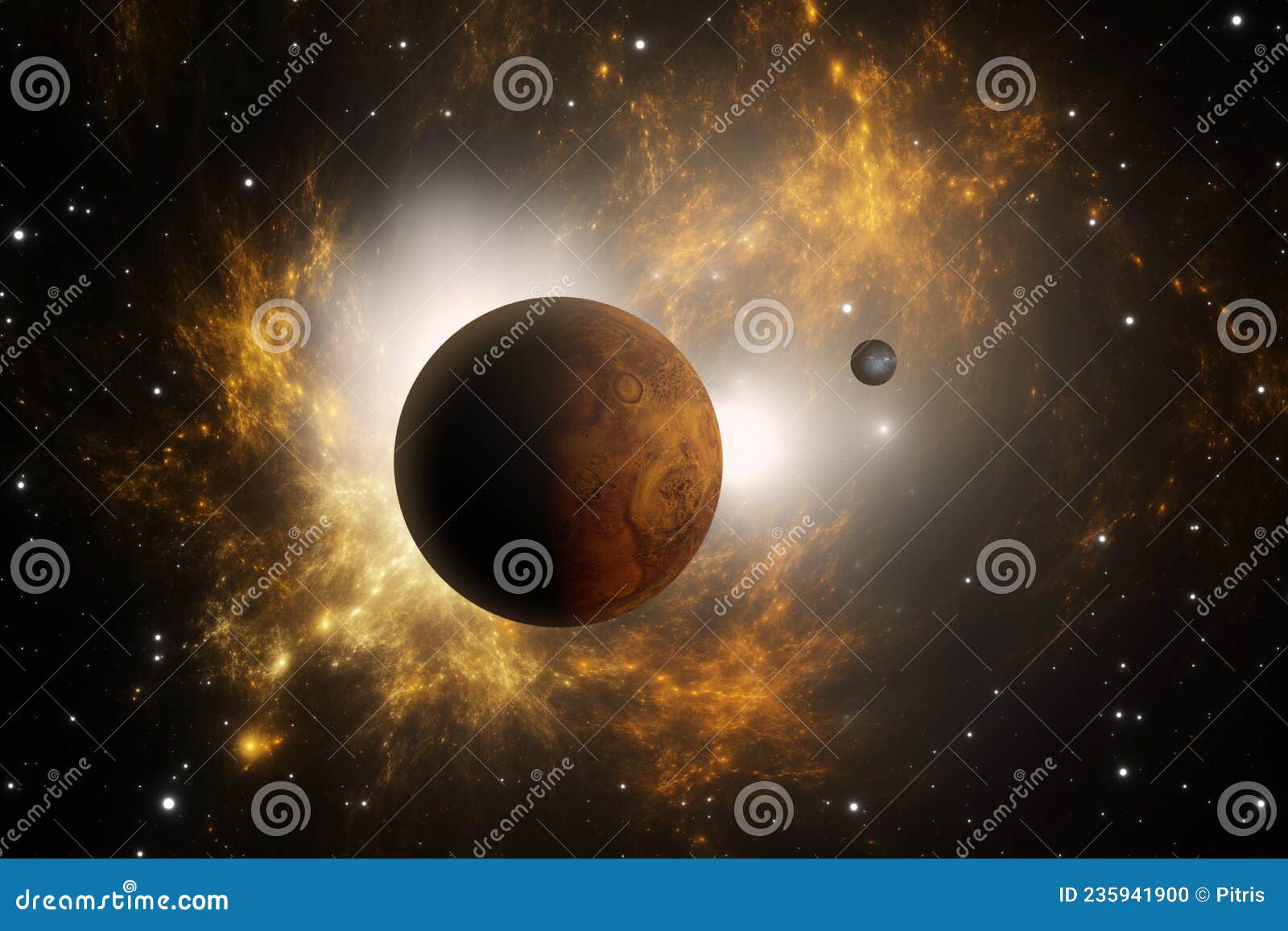 Exoplanet and Extrasolar Moon in Outer Space Stock Illustration ...