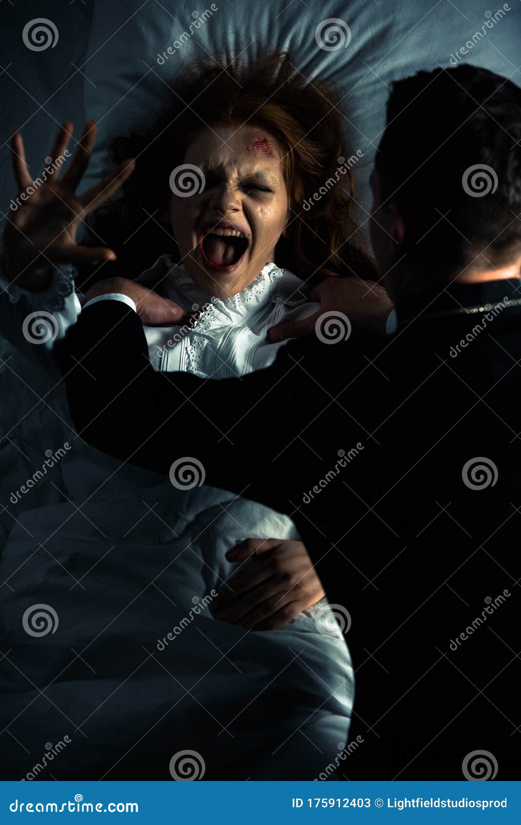 Exorcist Holding Screaming Obsessed Girl in Stock Image - Image of ...
