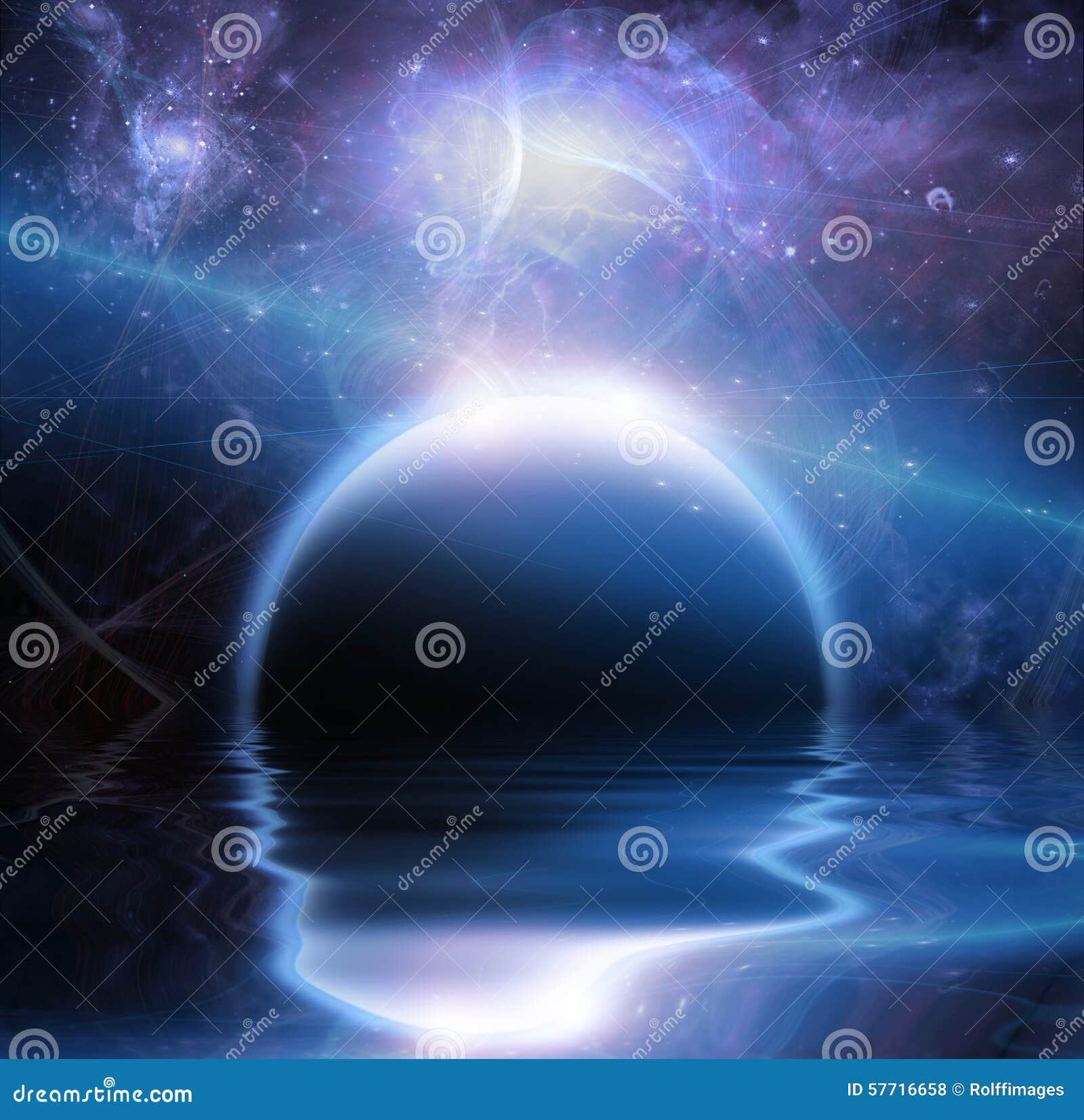 Exosolar Planet Rise Over Water Stock Illustration - Illustration of ...