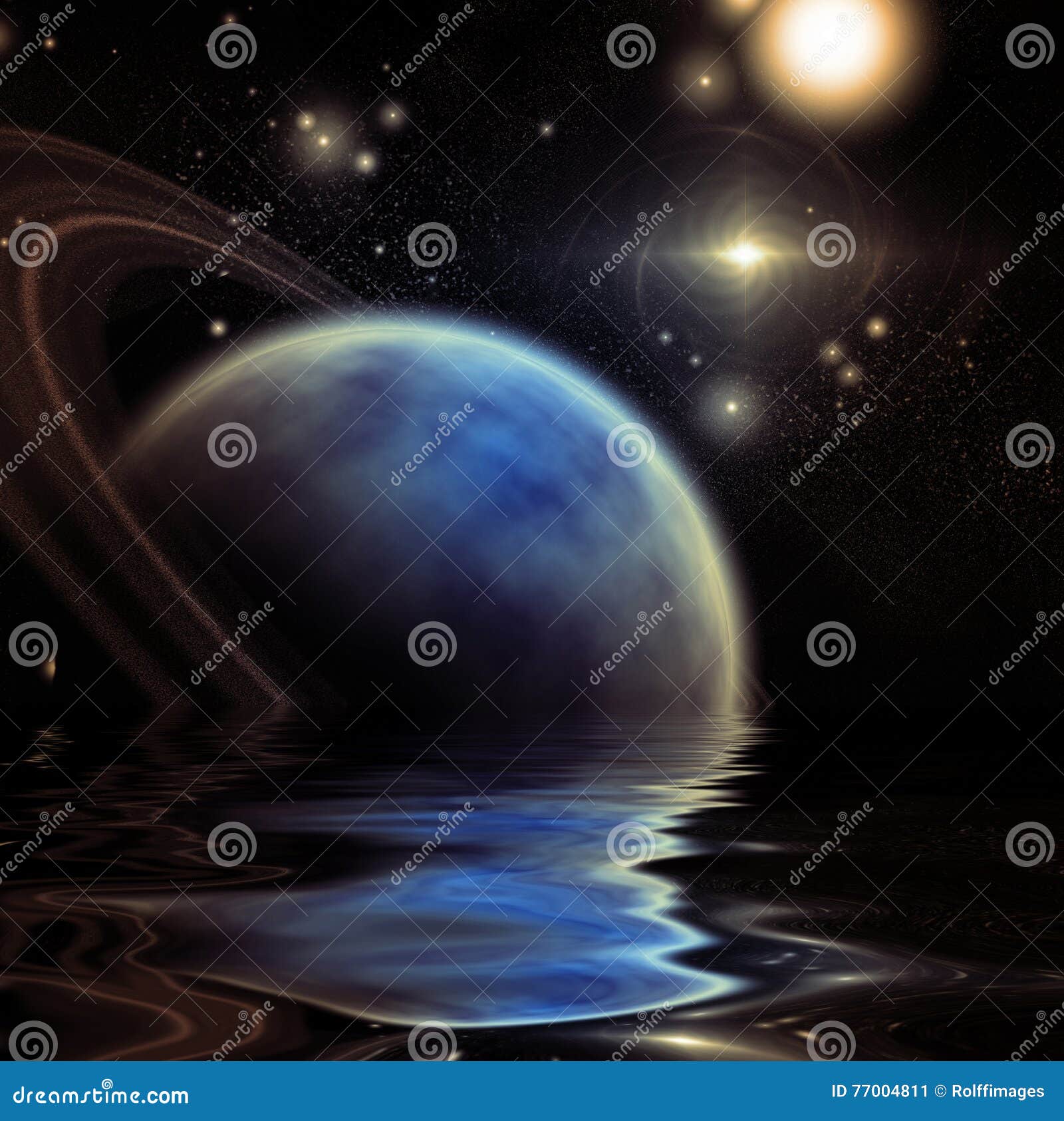 Exosolar Planet Rise Over Waters Stock Illustration - Illustration of ...