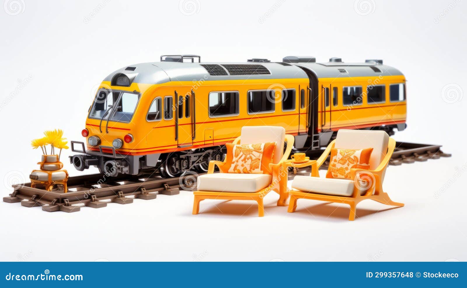 Exotic Atmosphere: Yellow and Orange Train Model with Two Chairs Stock ...