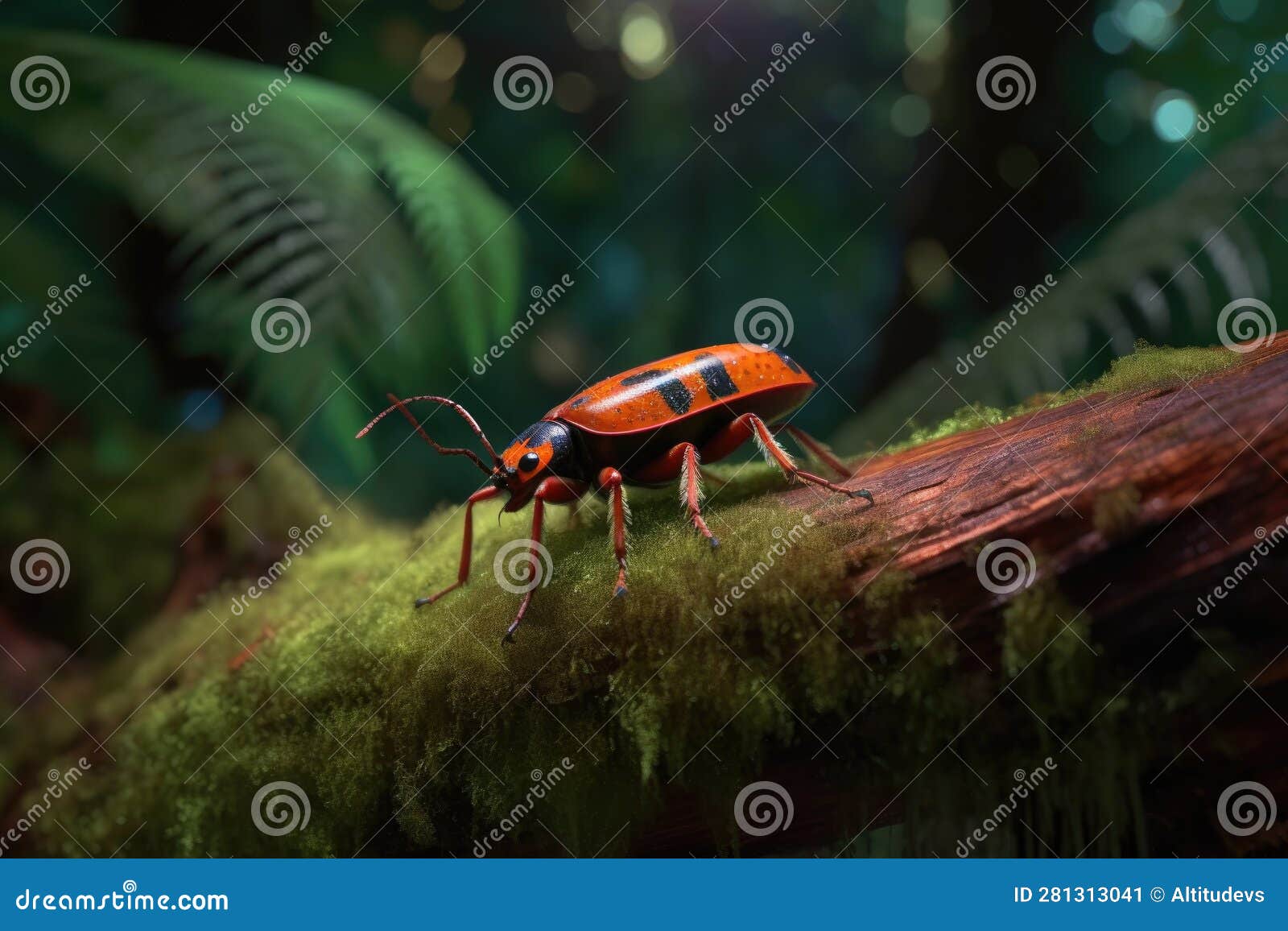 Exotic Beetle Crawling on a Mossy Log in the Forest Stock Image - Image ...
