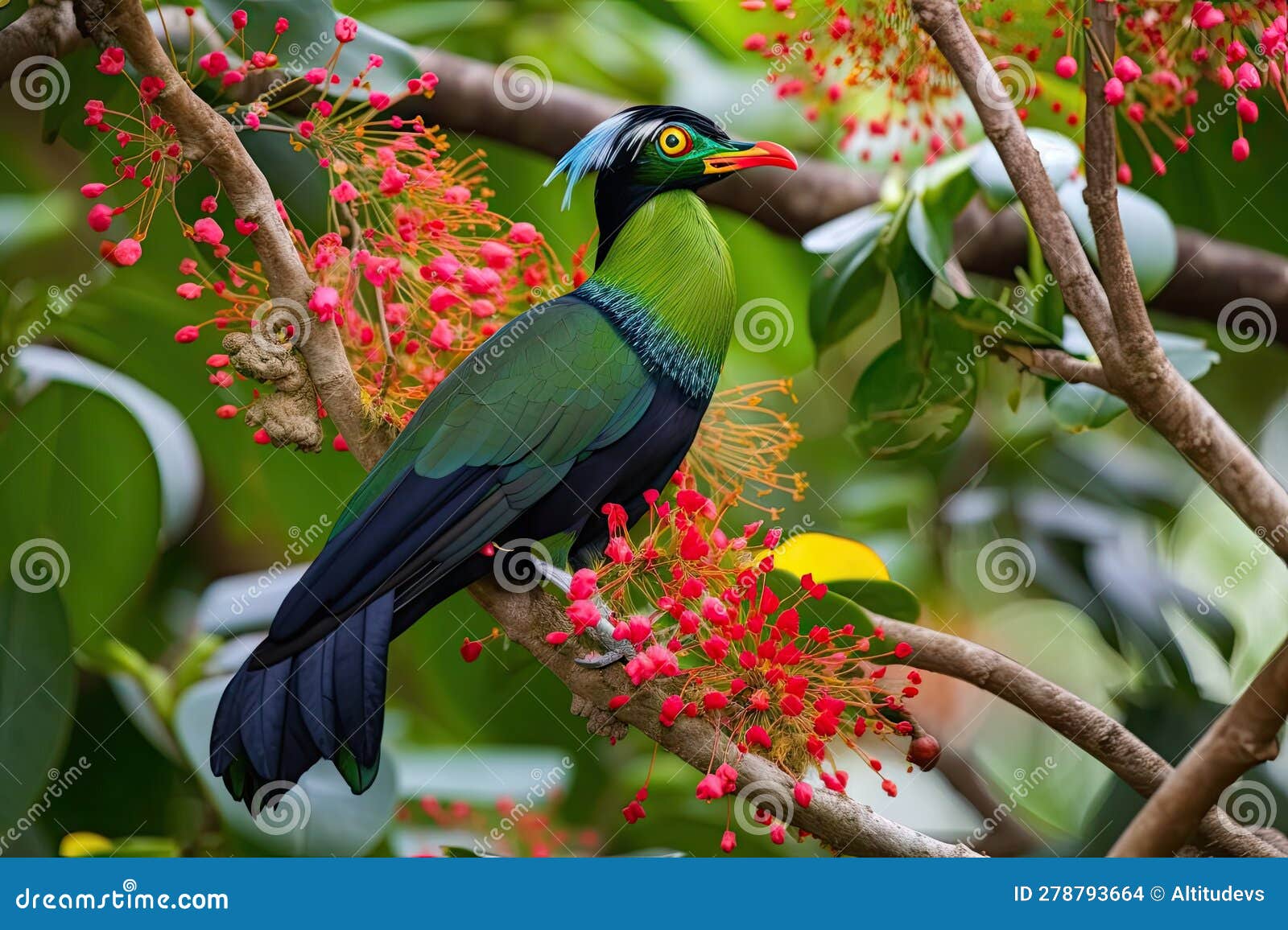Exotic Bird Perched on Flowering Tree, Surrounded by Lush Greenery ...