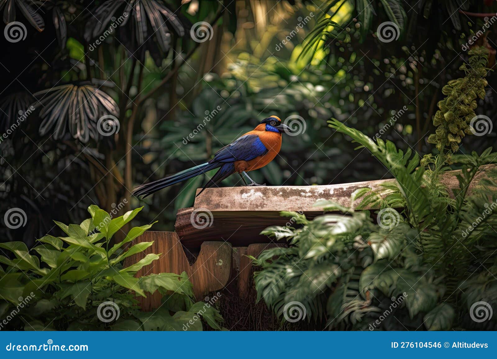 Exotic Bird Perched on Wooden Perch among Lush Greenery Stock ...