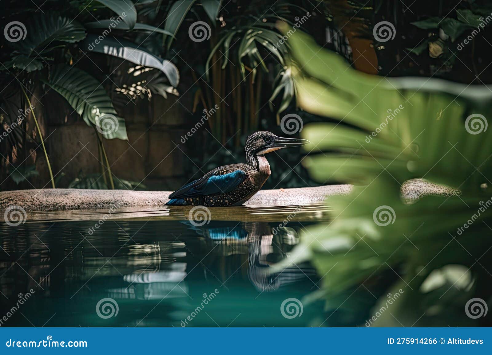 Exotic Bird in Tranquil Pool, Surrounded by Tropical Greenery Stock ...