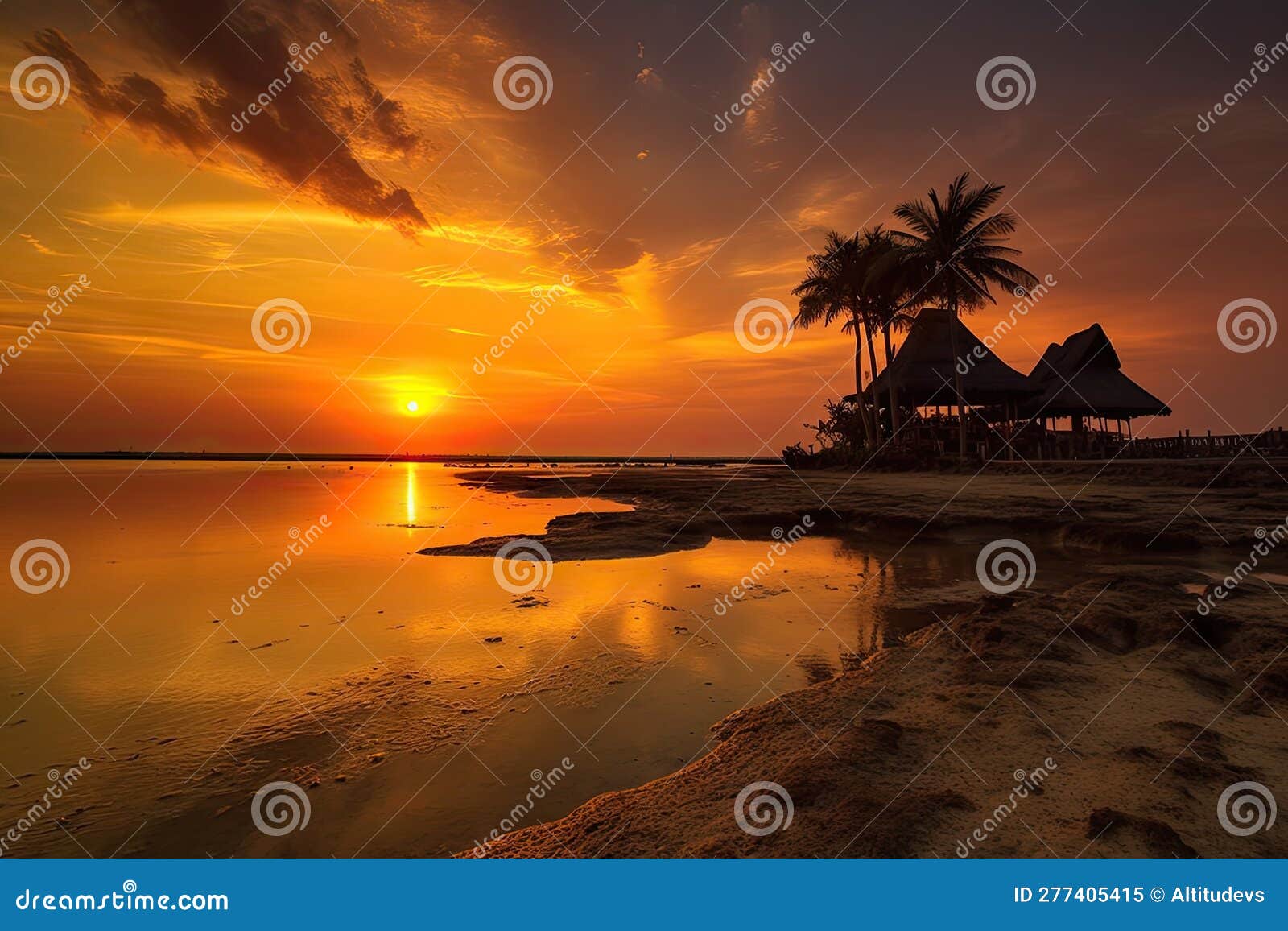 Exotic Destination, with the Sun Setting Behind the Horizon, Casting a ...