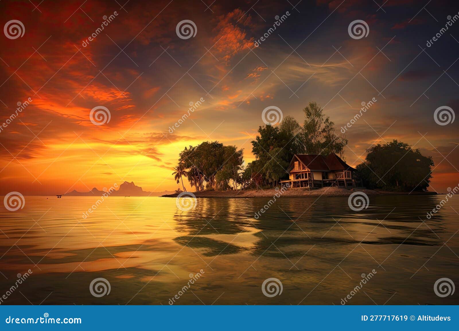 Exotic Destination, with the Sun Setting Behind the Horizon, Casting a ...