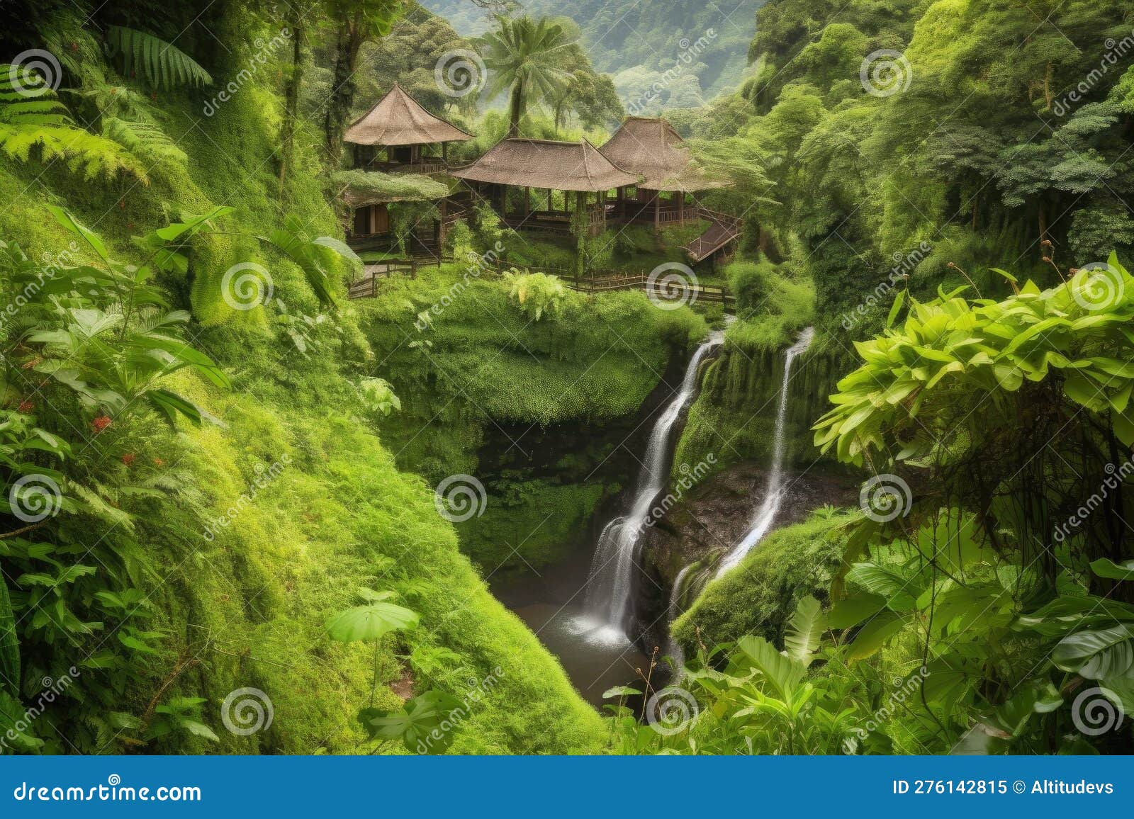 Exotic Destination, with View of a Cascading Waterfall, Surrounded by ...