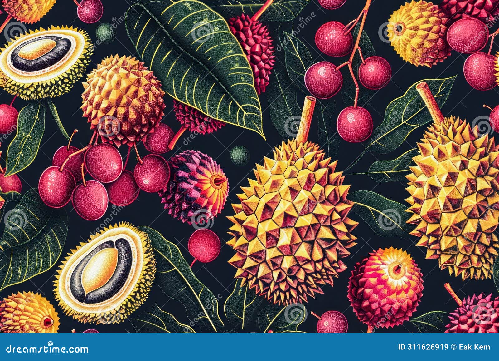 Exotic Fruit Assortment with Durian, Rambutan, Pitaya, and Cherries on ...