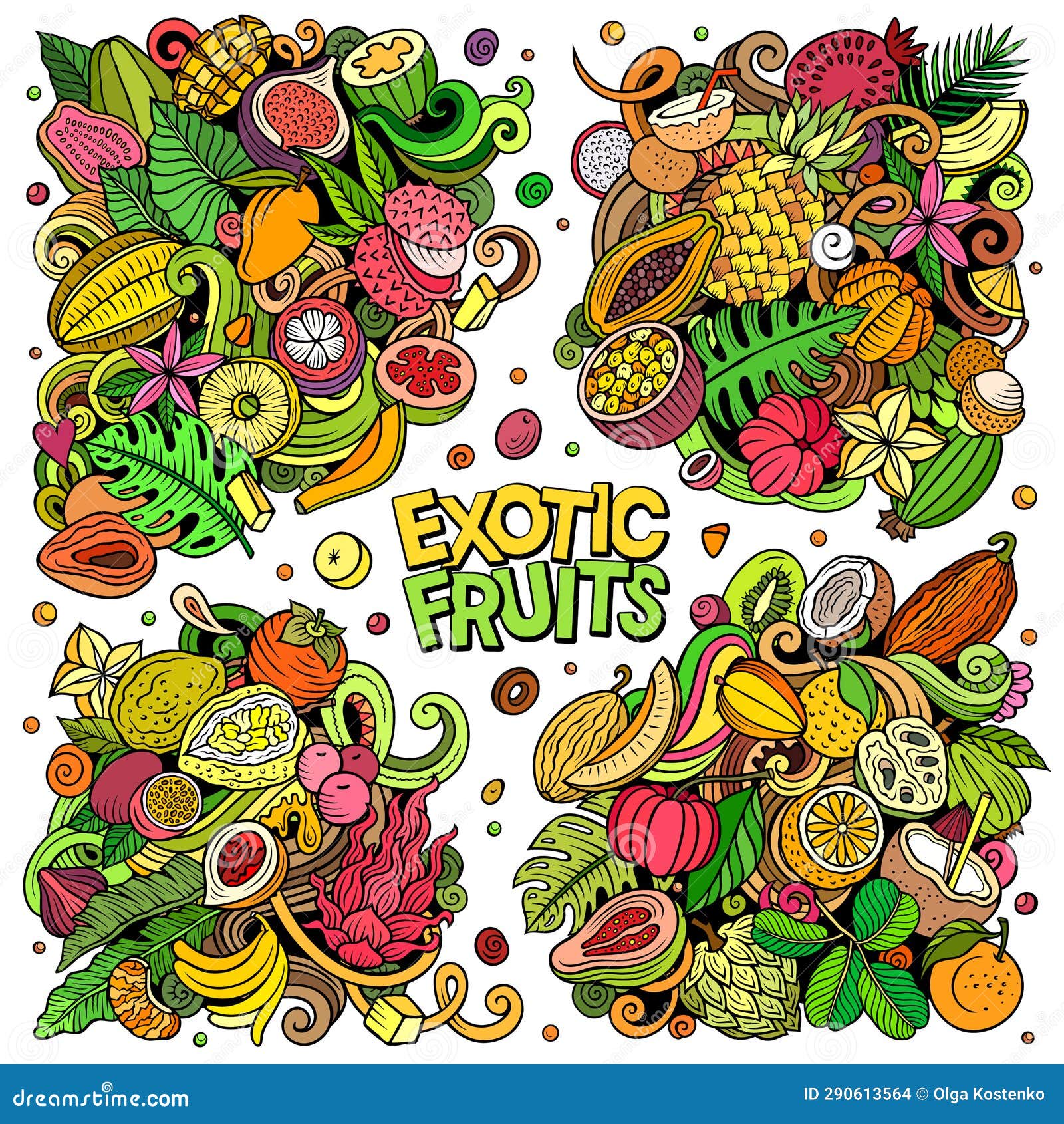 Exotic Fruits Cartoon Vector Doodle Designs Set. Stock Vector ...