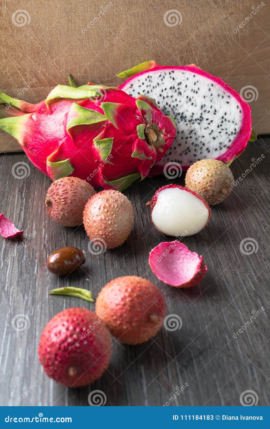 Exotic Fruits Lychees and Dragon Fruit Stock Image - Image of lychee ...