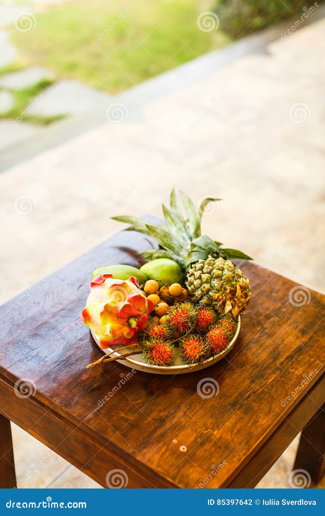 Exotic Fruits on Plate: Mango, Dragon Fruit; Mango; Pineapple an Stock ...