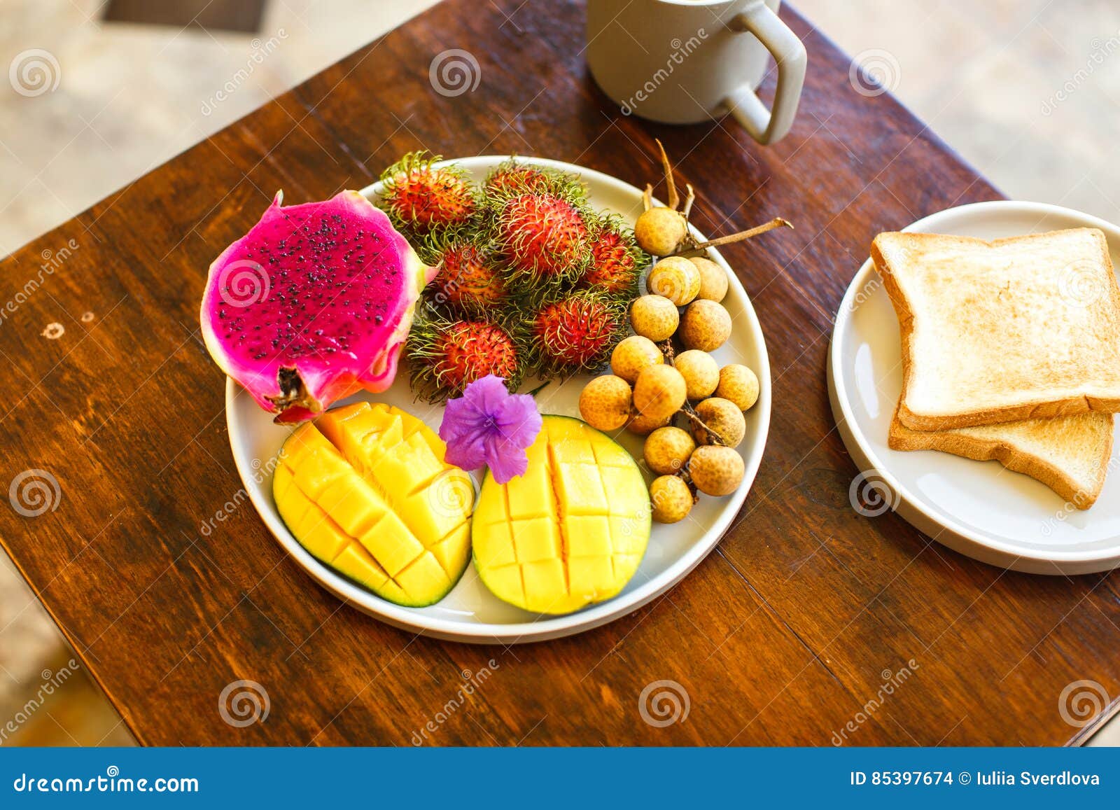 Exotic Fruits on Plate: Mango, Dragon Fruit; Mango; Pineapple an Stock ...